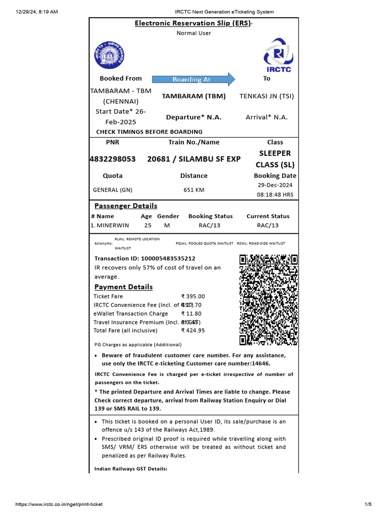 IRCTC Train Ticket Booking Details | PDF | Identity Document | Payments