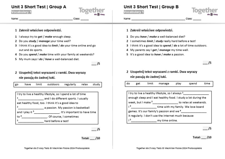 Together Kl5 Short Test U3 Vocabulary 1 AB | PDF