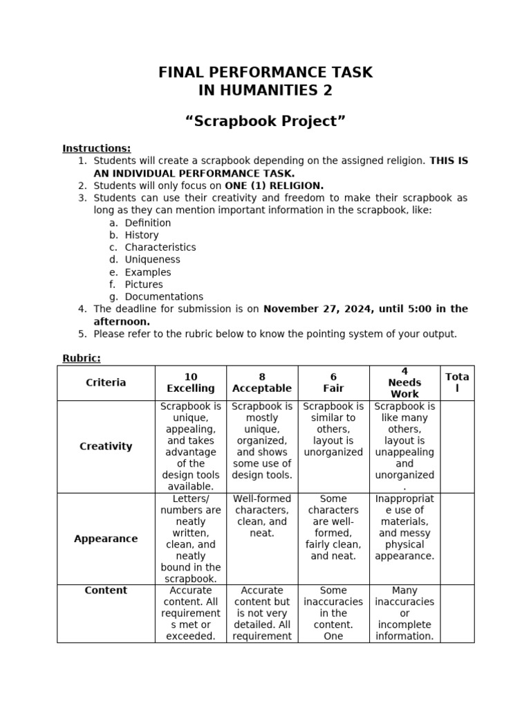 Scrapbook Project Guidelines for Humanities 2 | PDF