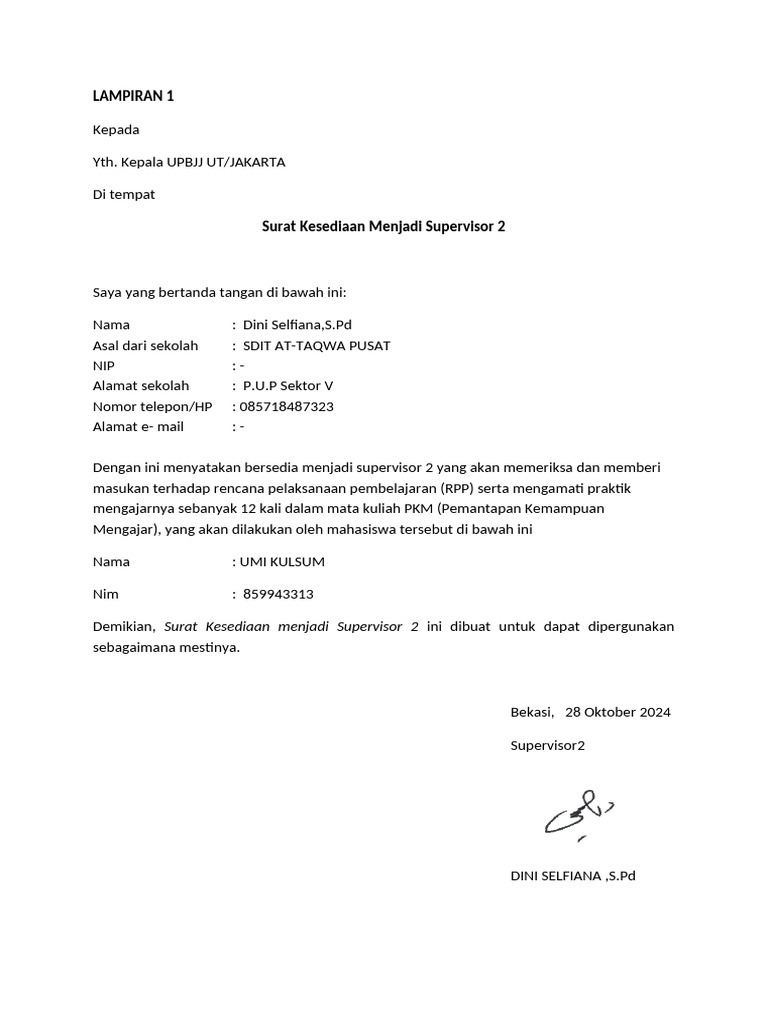 Surat Kesediaan Supervisor PKM UMI KULSUM | PDF