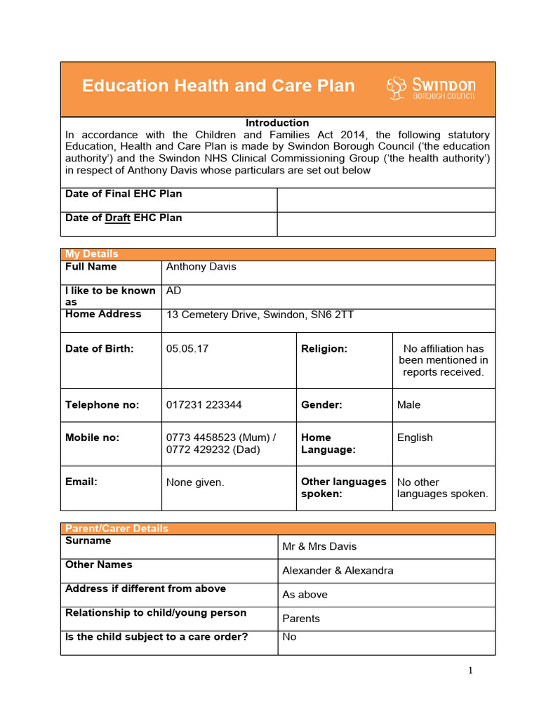 Exemplar 2 EHC Plan February 2020 | PDF | Hearing Loss | Speech