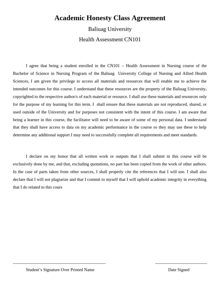 Academic Honesty Class Agreement by Jabeng | PDF