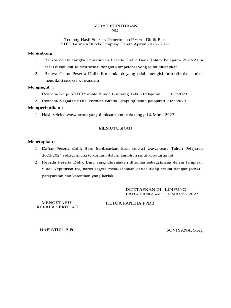 Pemgumuman Hasil Seleksi SDIT | PDF