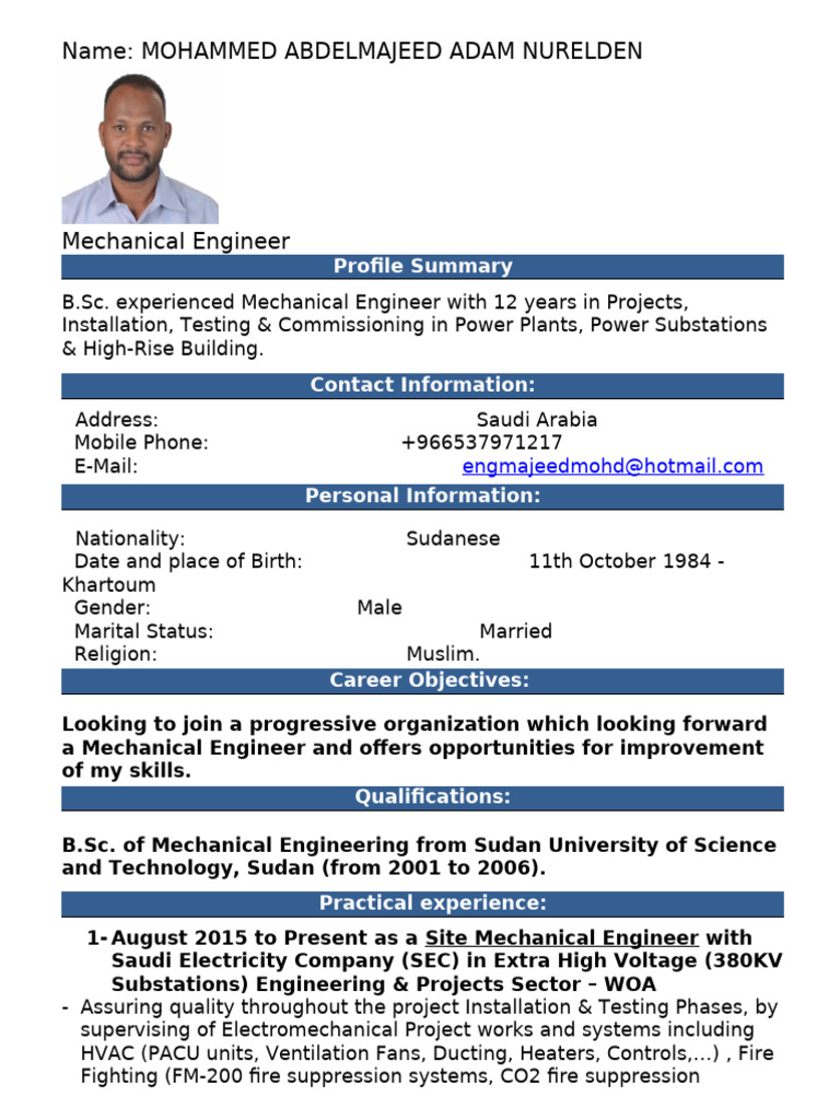 Experienced Mechanical Engineer Profile | PDF | Mechanical Engineering