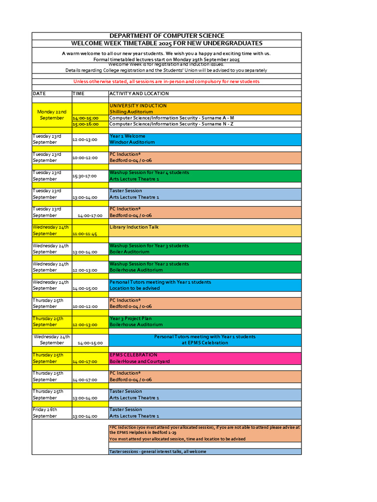 CS UG Welcome Week Timetable | PDF