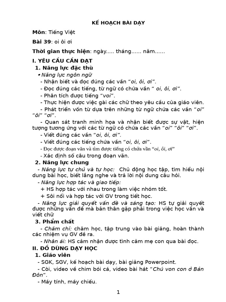 Kế Hoạch Bài Dạy Tv1-Bài 39 (Tiết 1) (2) | PDF