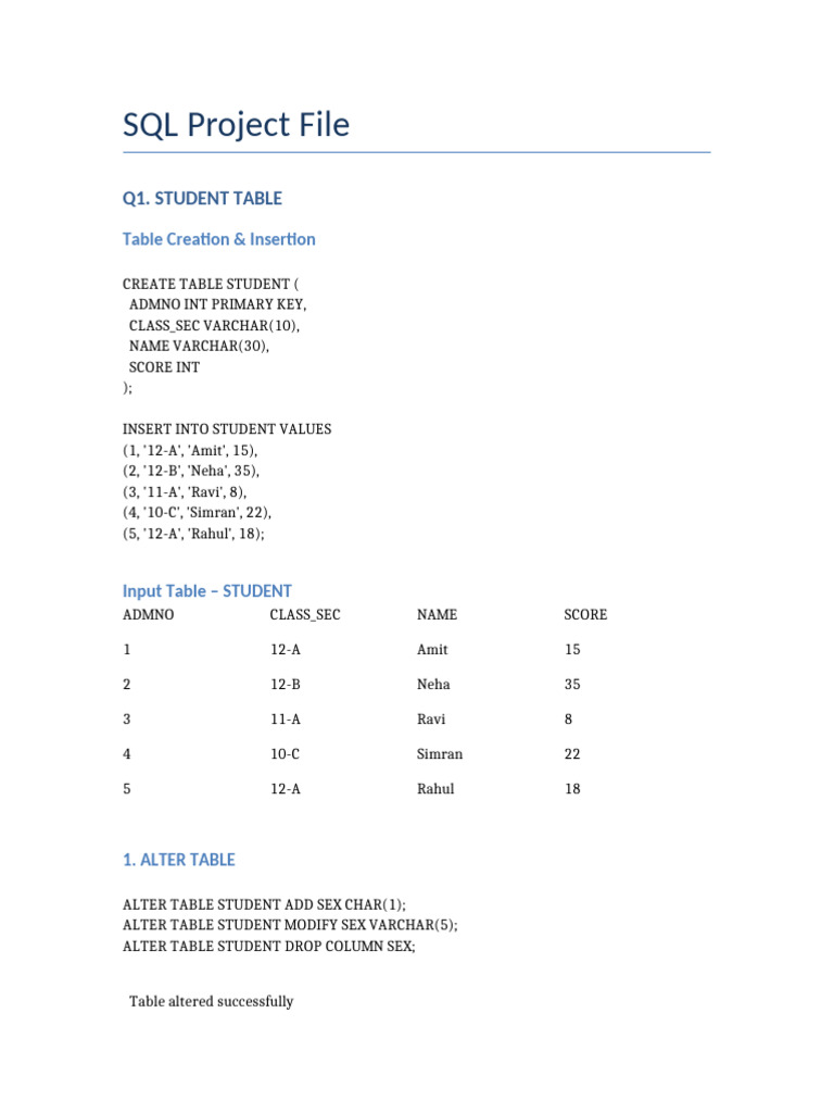SQL Student Table Operations Guide | PDF