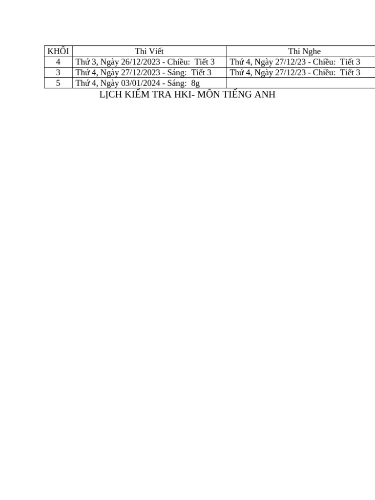 Lịch KT MÔN TA _HK1 | PDF