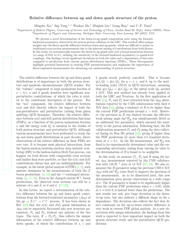 Relative Difference Between Up and Down Quark Structure of The Proton by Mingzhe Xie, Siqi Yang ...