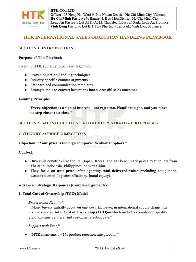 Day 12.2 I HTK International Sales Objection Handling Playbook | PDF ...