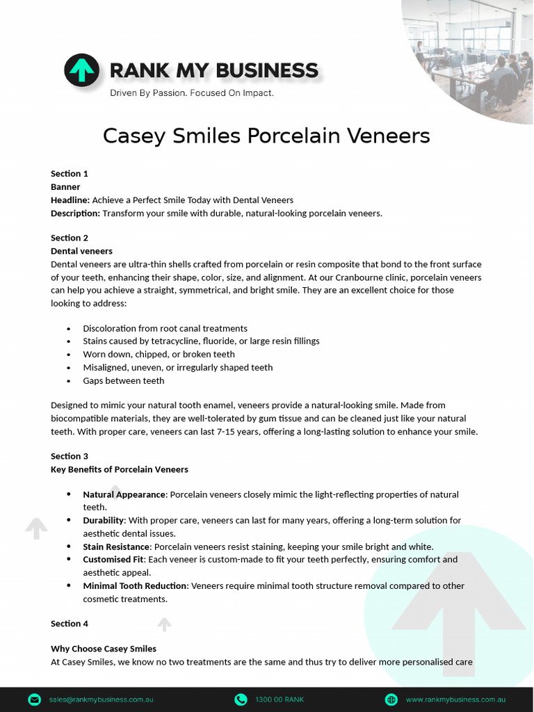 Casey Smiles Porcelain Veneers Google Ads Landing Page Content | PDF ...