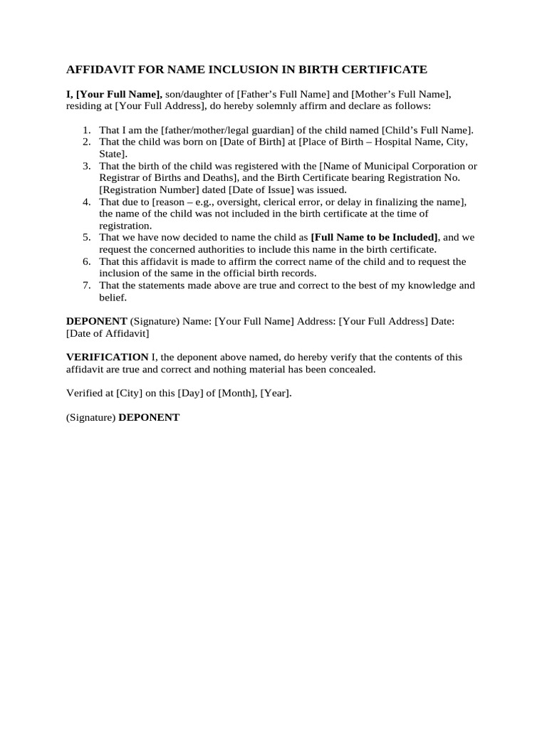 Affidavit For Name Inclusion in Birth Certificate | PDF | Affidavit | Loans