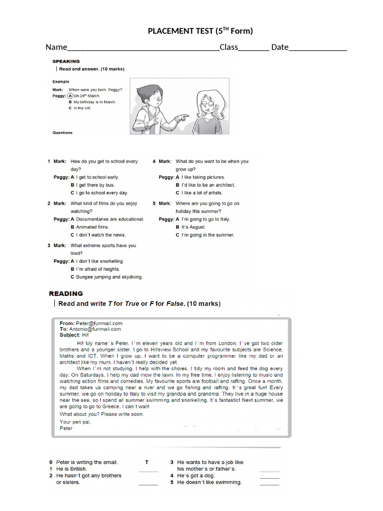5th Form Placement Test Instructions | PDF