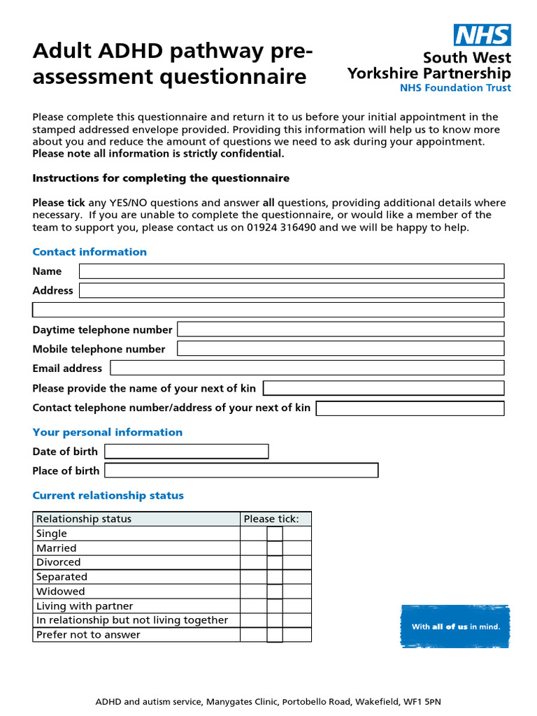 1455 Adult ADHD Pre Assessment Questionnaire | PDF | Mental Disorder ...