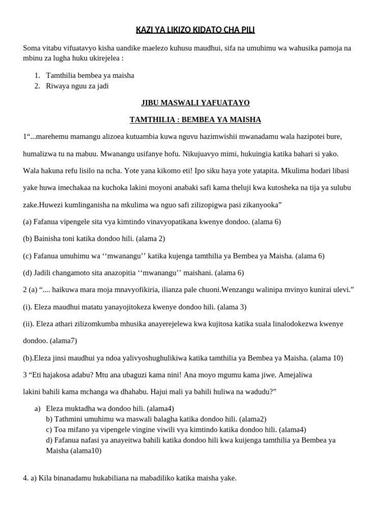 Kazi Ya Likizo Kidato Cha Pili | PDF