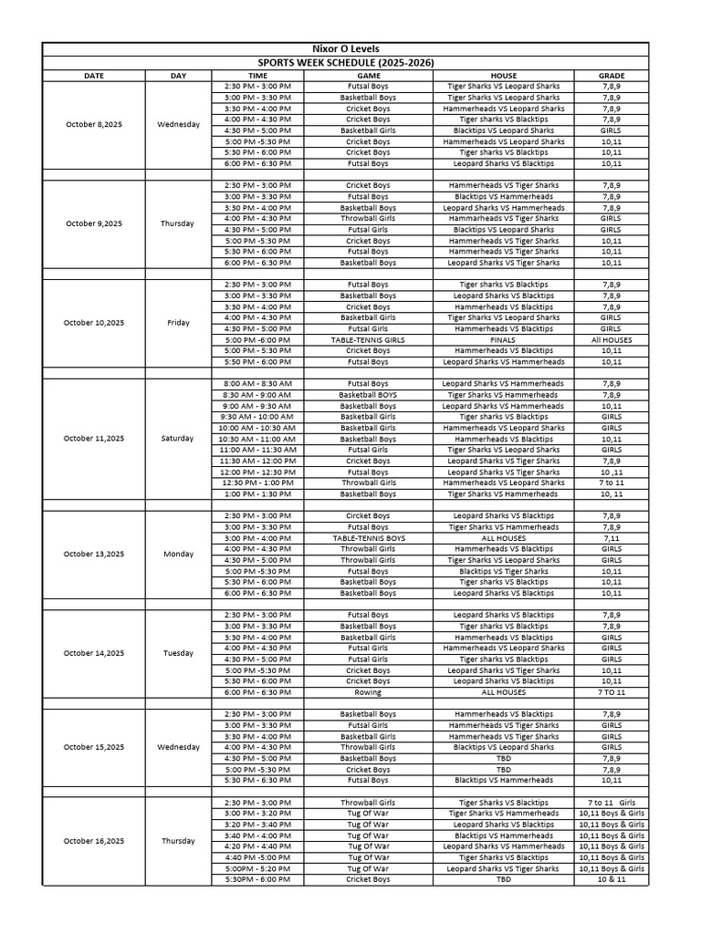 Sports Week Schedule 2025-2026 | PDF | Elasmobranchii | Sharks