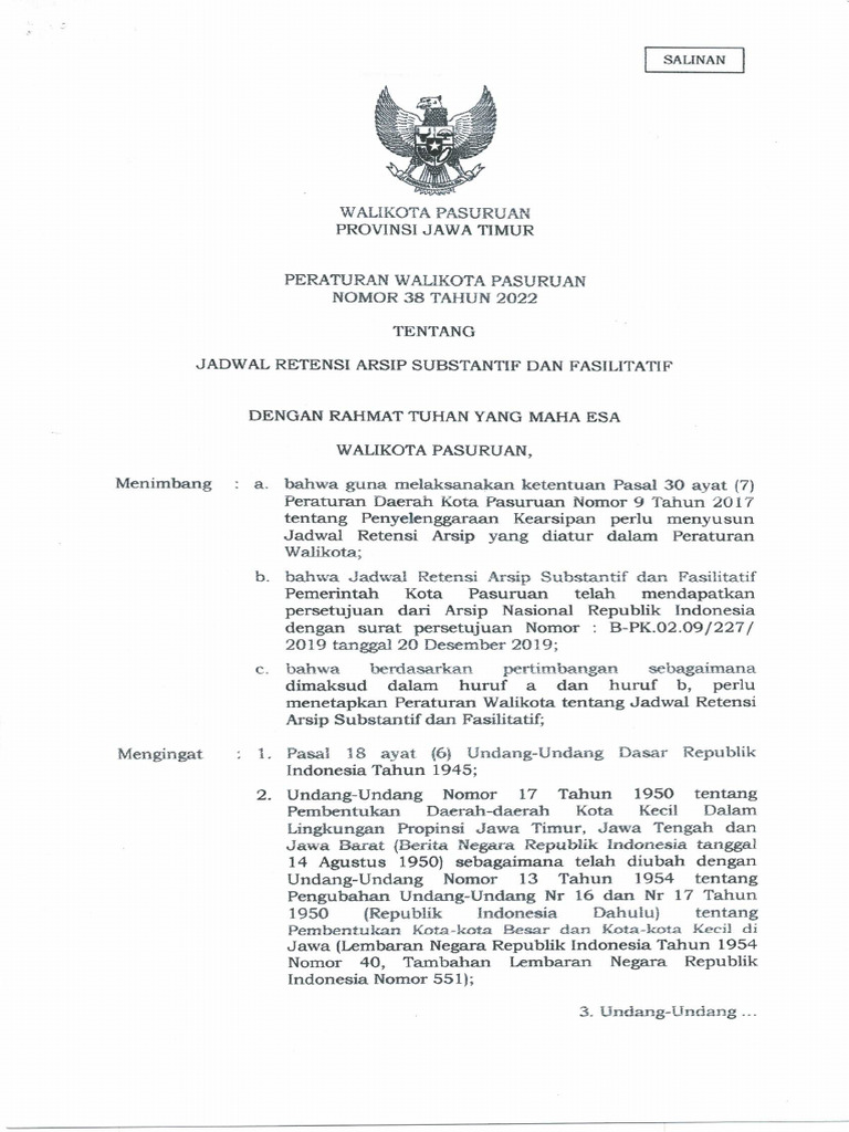 Perw. Jadwal Rentensi Arsip Dan Substantif Dan Fasilitatif 1 | PDF