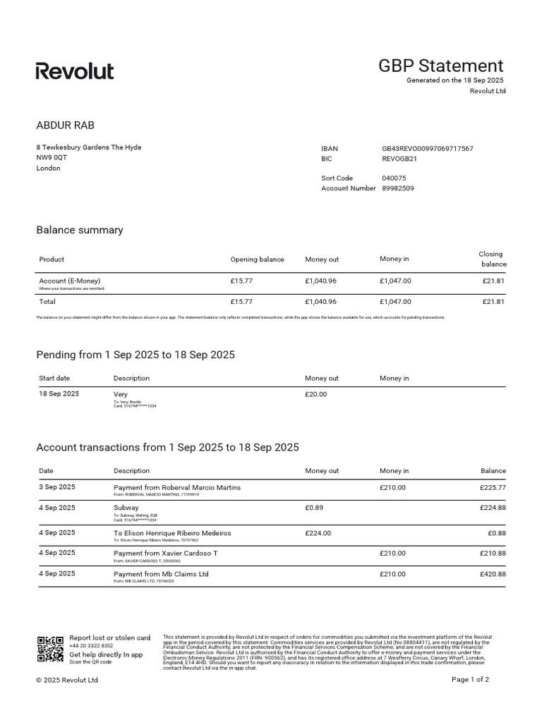 Abdur Rab Revolut Statement | PDF | Service Industries | Banking Technology