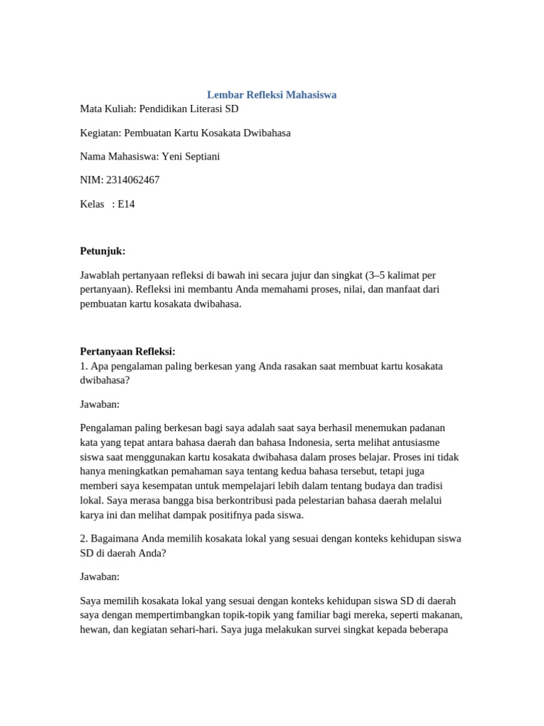 Refleksi Kartu Kosakata Dwibahasa SD | PDF