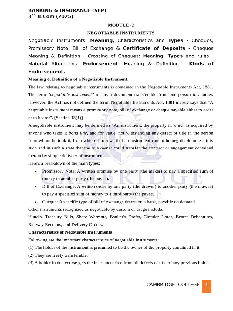 MODULE-2 Class Notes | PDF | Negotiable Instrument | Cheque