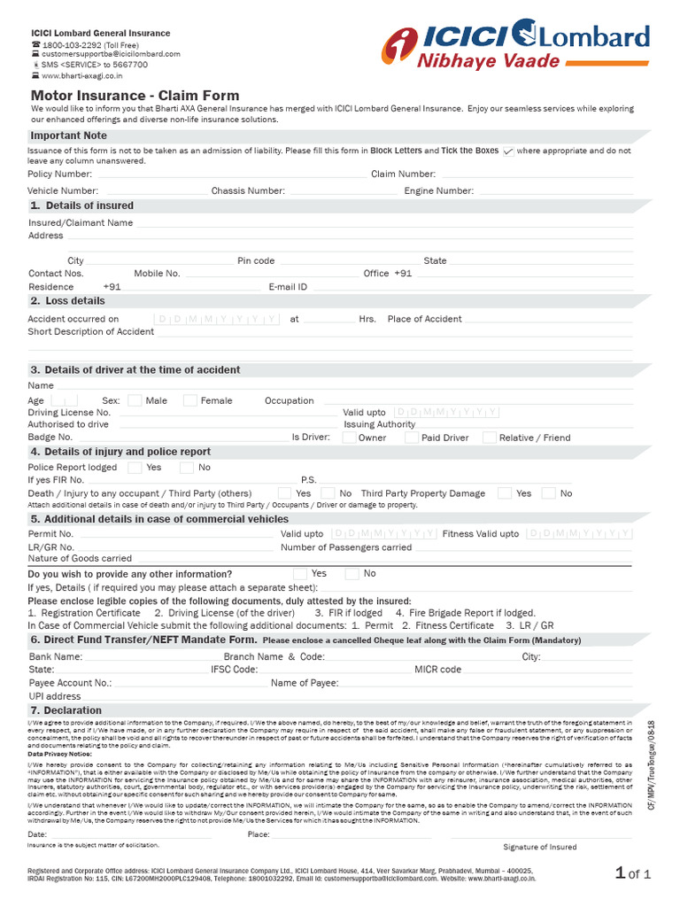 Motor Insurance Claim Form Template | PDF | Insurance