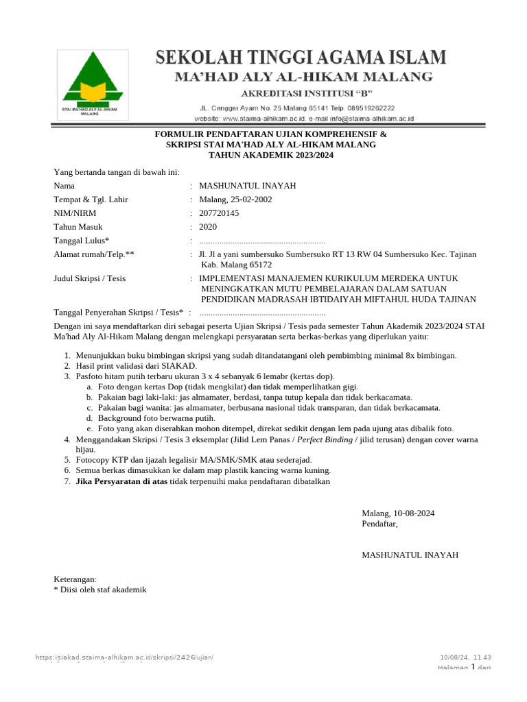 Formulir Ujian Skripsi STAI 2023/2024 | PDF