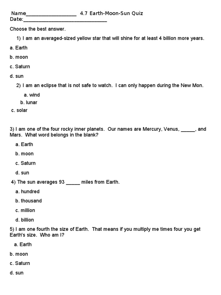 Earth-Moon-Sun Quiz | PDF | Moon | Eclipse