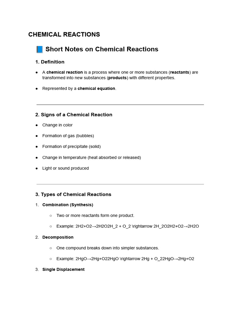 Overview of Chemical Reactions Types | PDF