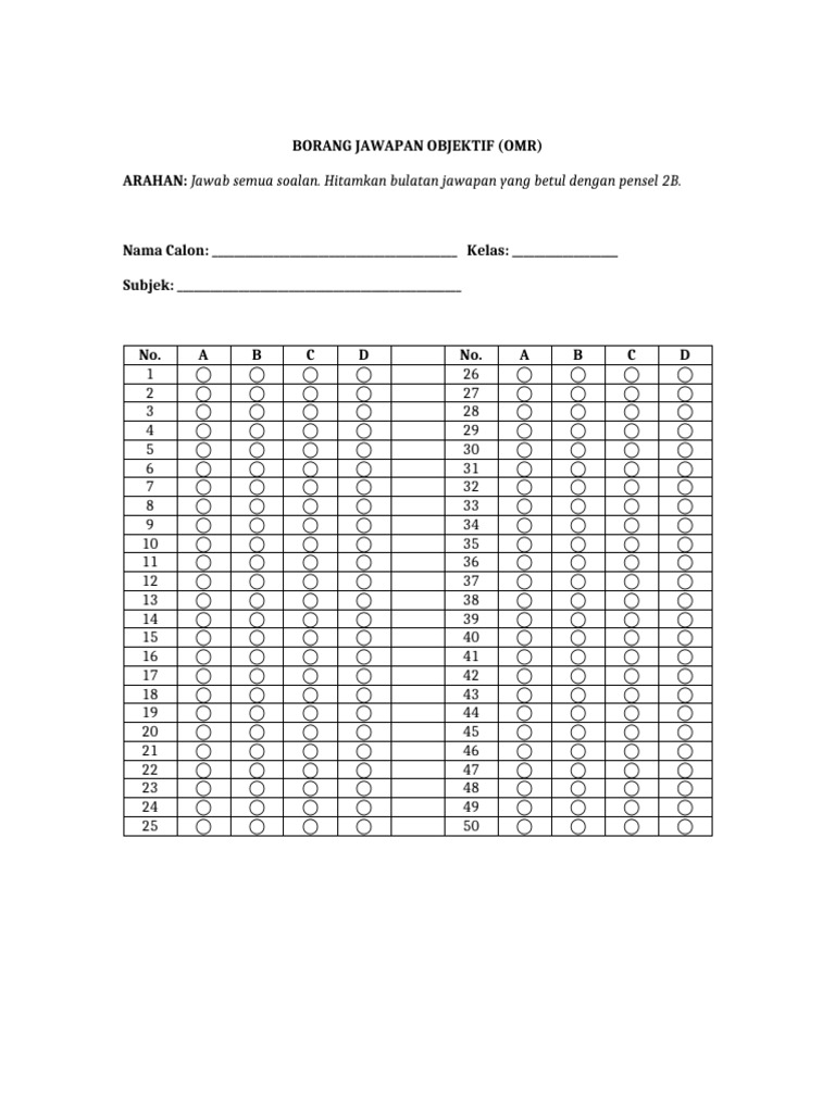 Kertas OMR Peperiksaan Rasmi 50 Soalan Lengkap | PDF