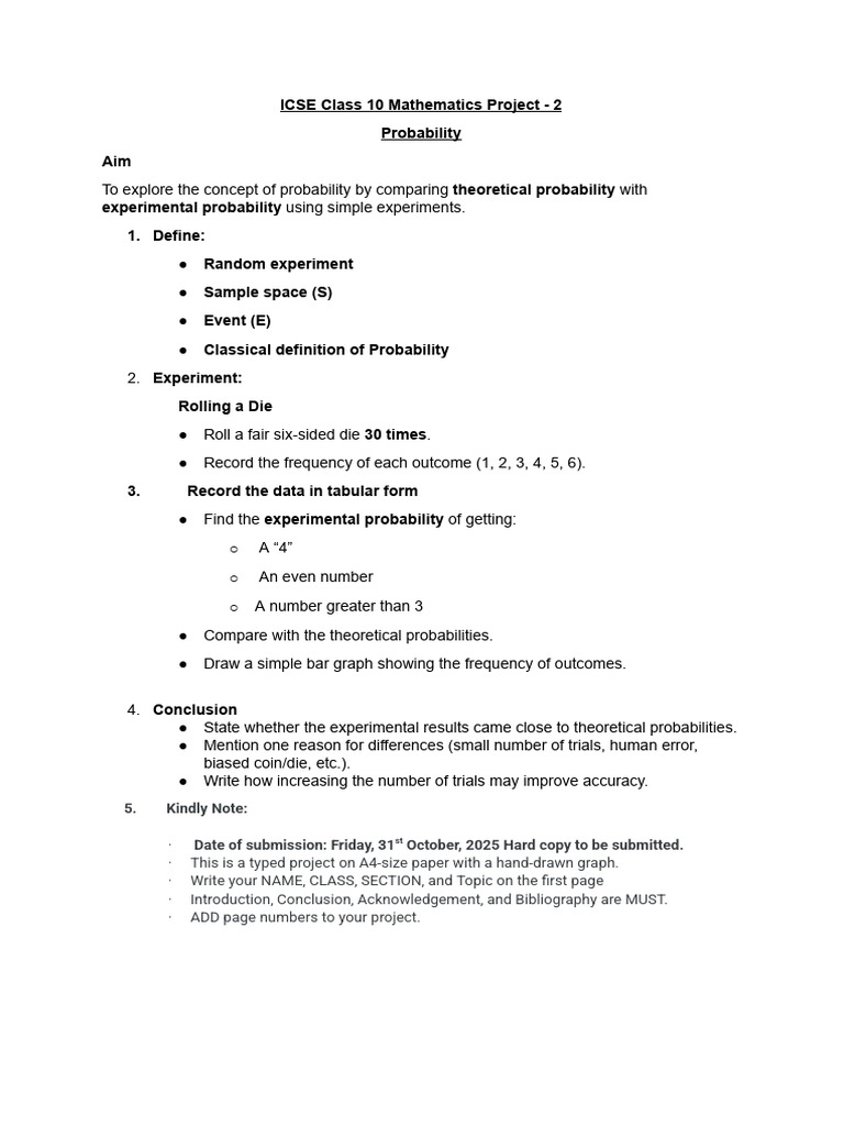 ICSE Class 10 Probability Project Guide | PDF