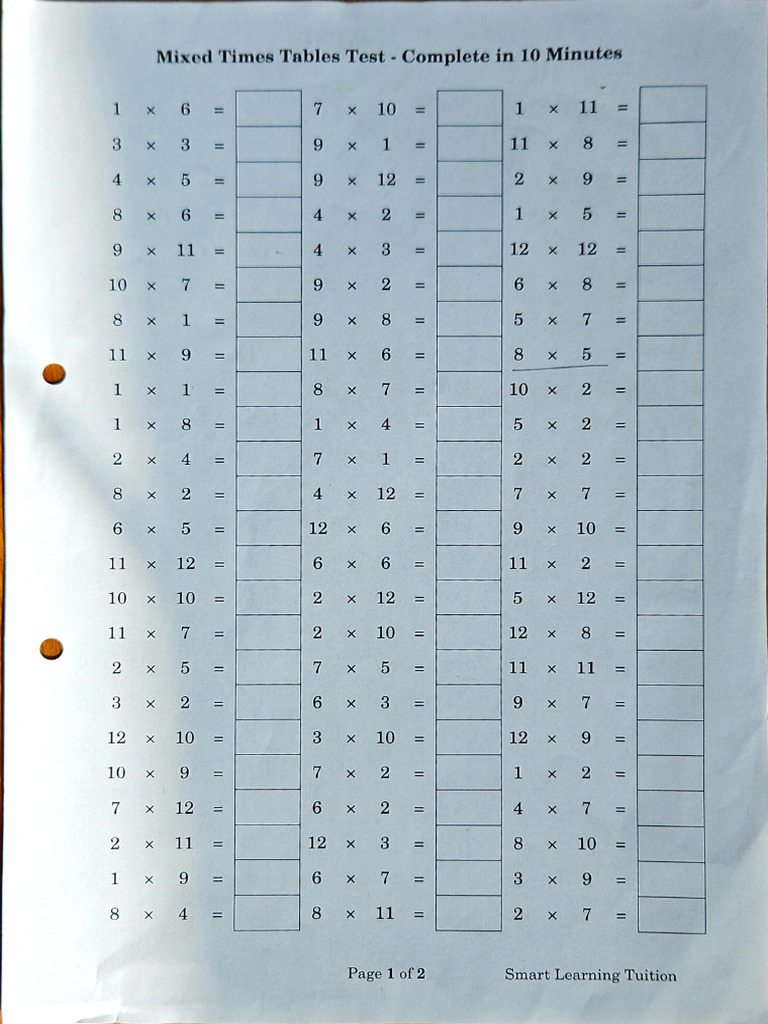 Mixed Times Tables Test | PDF
