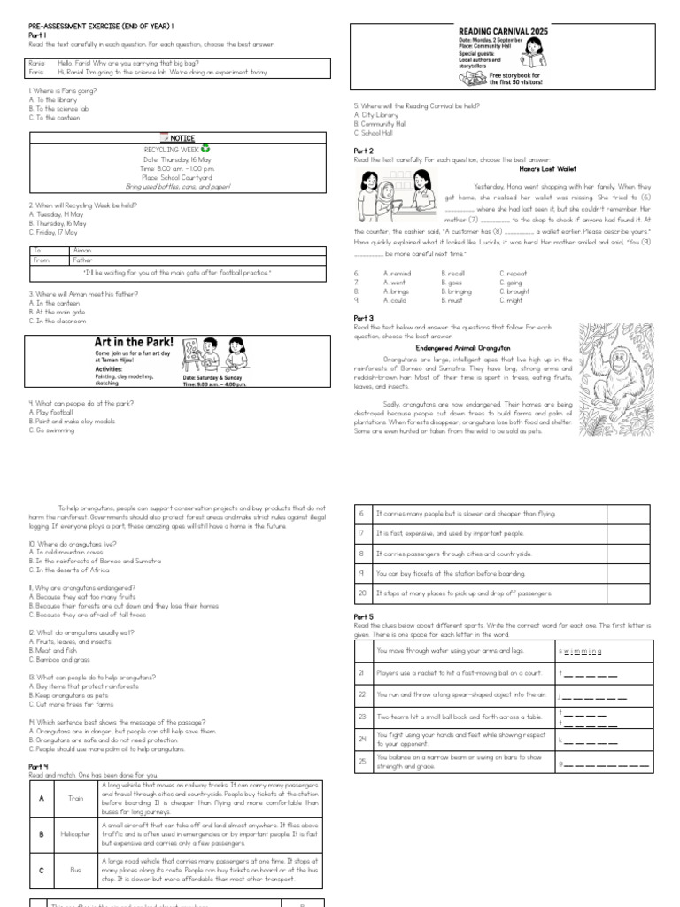 Y4 UASA 2025 Exercise 1 | PDF | Orangutan | Bus