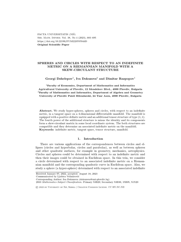 Spheres and Circles With Respect To An Indefinite Metric On A ...