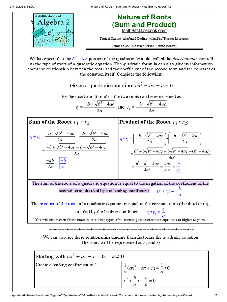 Nature of Roots - Sum and Product | PDF | Quadratic Equation | Equations