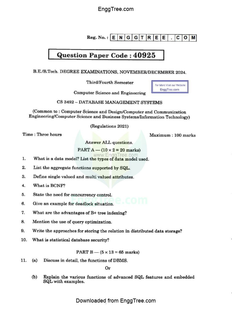 CS3492 Database Management Systems Nov Dec 2024 Question Paper Download ...