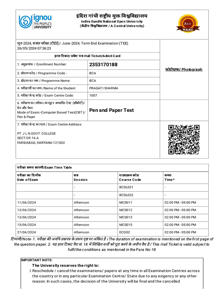 Ignou June-2024 - Hall Ticket - Admit Card | PDF