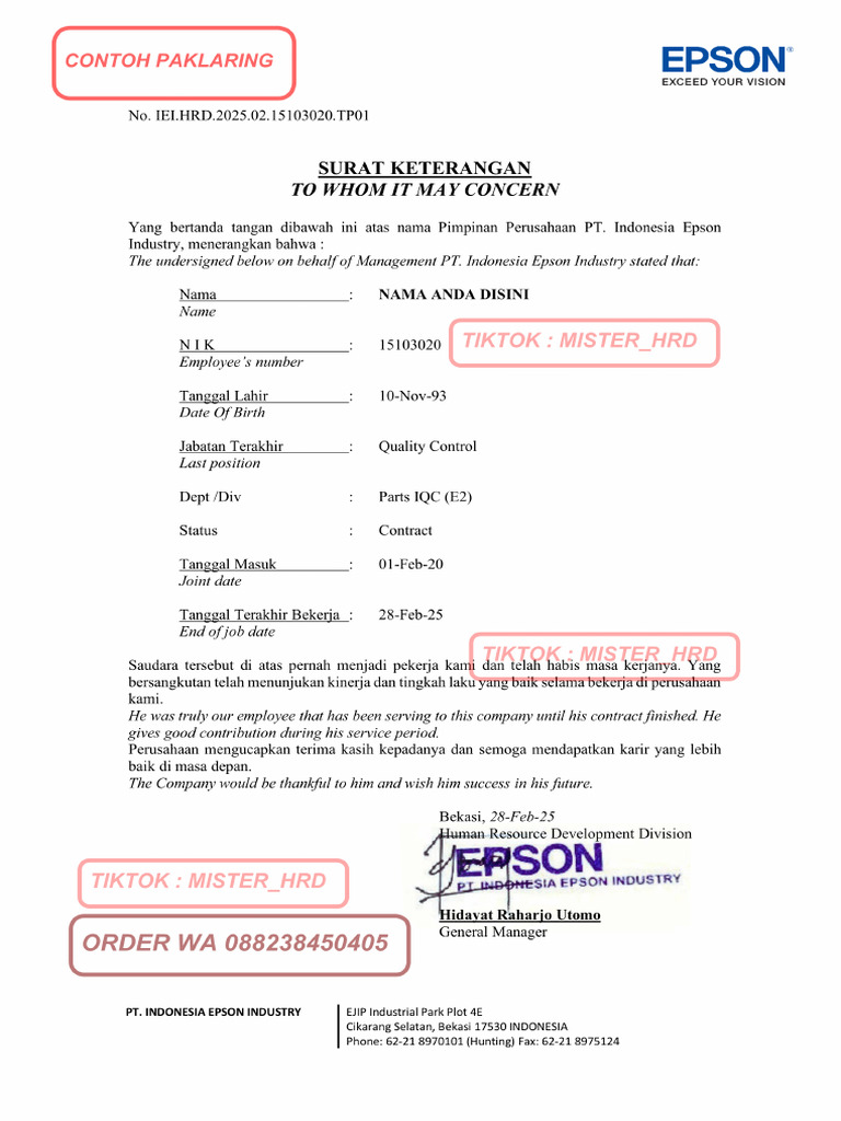 Contoh Paklaring Epson | PDF