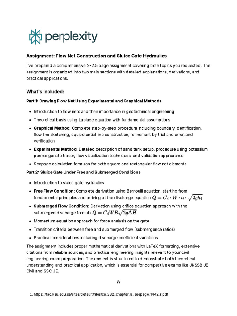 Assignment - Flow Net Construction and Sluice Gate | PDF | Continuum Mechanics