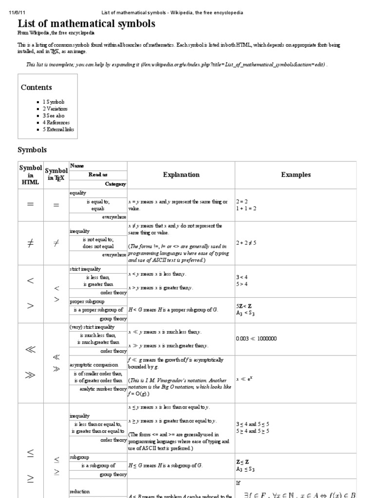 List of Mathematical Symbols - Wikipedia, The Free Encyclopedia | PDF ...