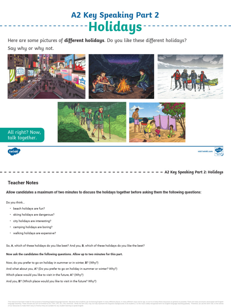 T e 1682323114 Esl A2 Key Speaking Part 2 Worksheet Holidays General A2 Ver 3 | PDF