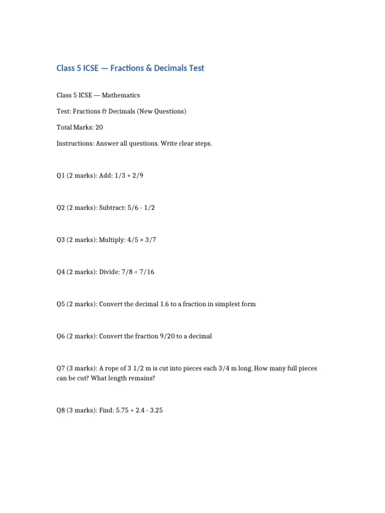 Class5 Fractions Decimals Test New 20251012 091427 | PDF