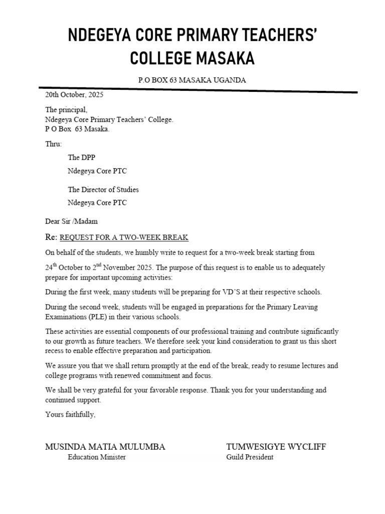 Request for Two-Week Student Break | PDF