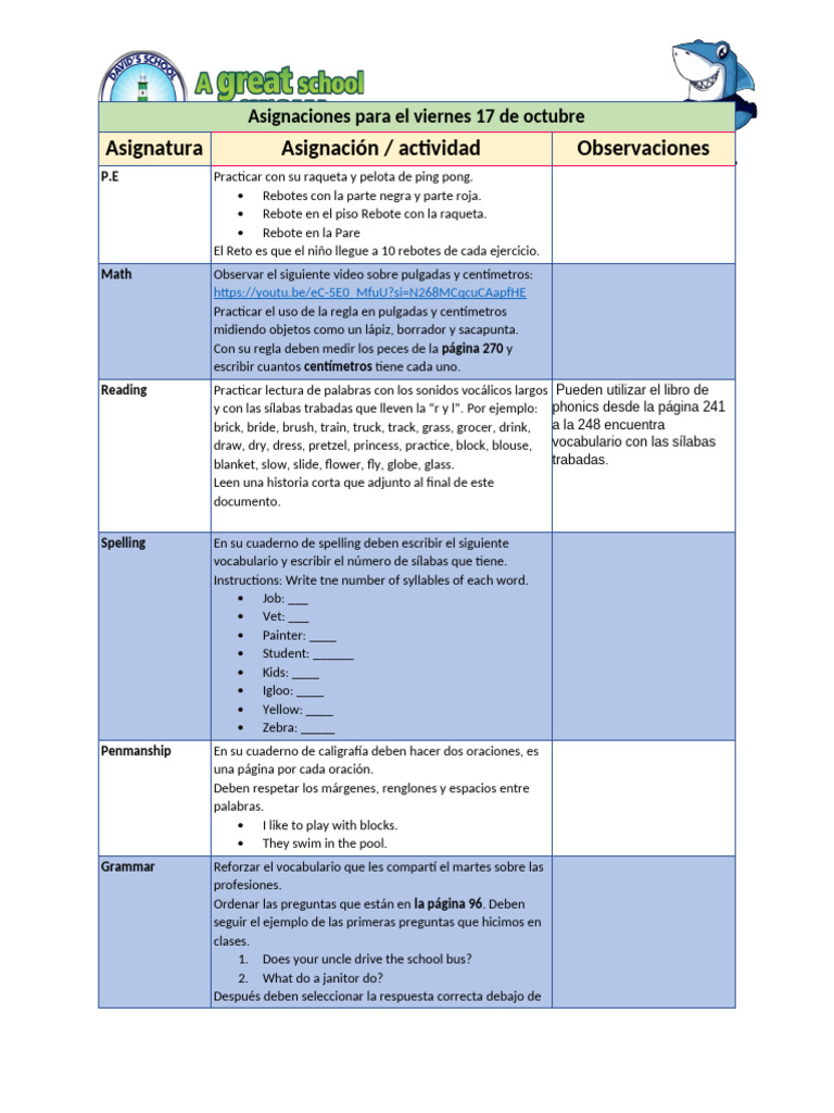 Asignaciones 1st Grade Viernes 17 de Octubre | PDF | Fónica | Escritura