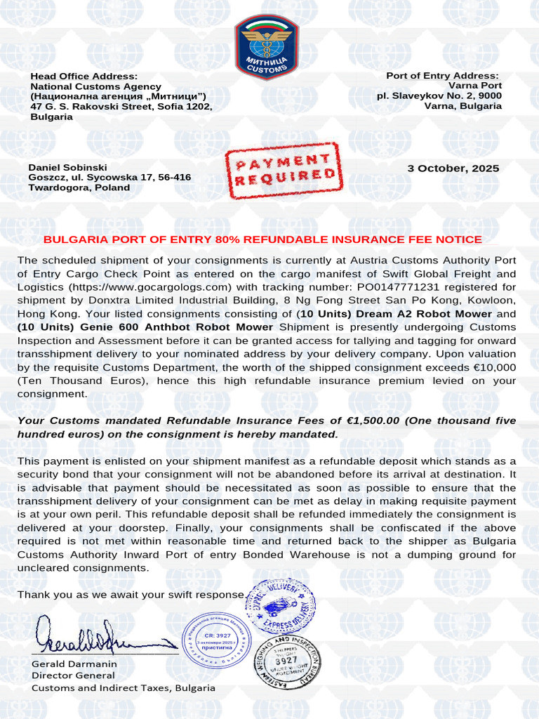 Bulgaria Customs Refundable Insurance Notice.pdf.PDF.pdf | PDF | Cargo ...