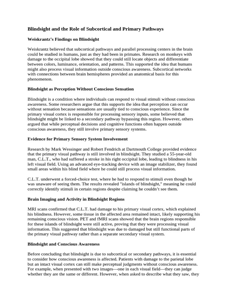 Blindsight and The Role of Subcortical and Primary Pathways | PDF ...