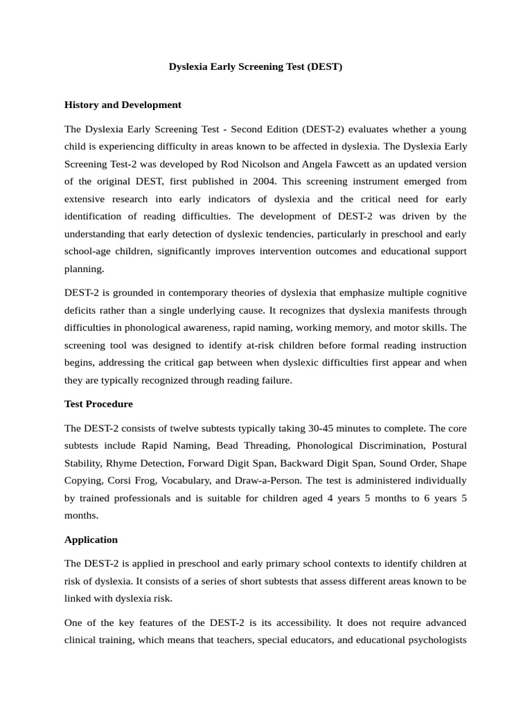 Dyslexia Early Screening Test Overview | PDF | Dyslexia | Psychological ...