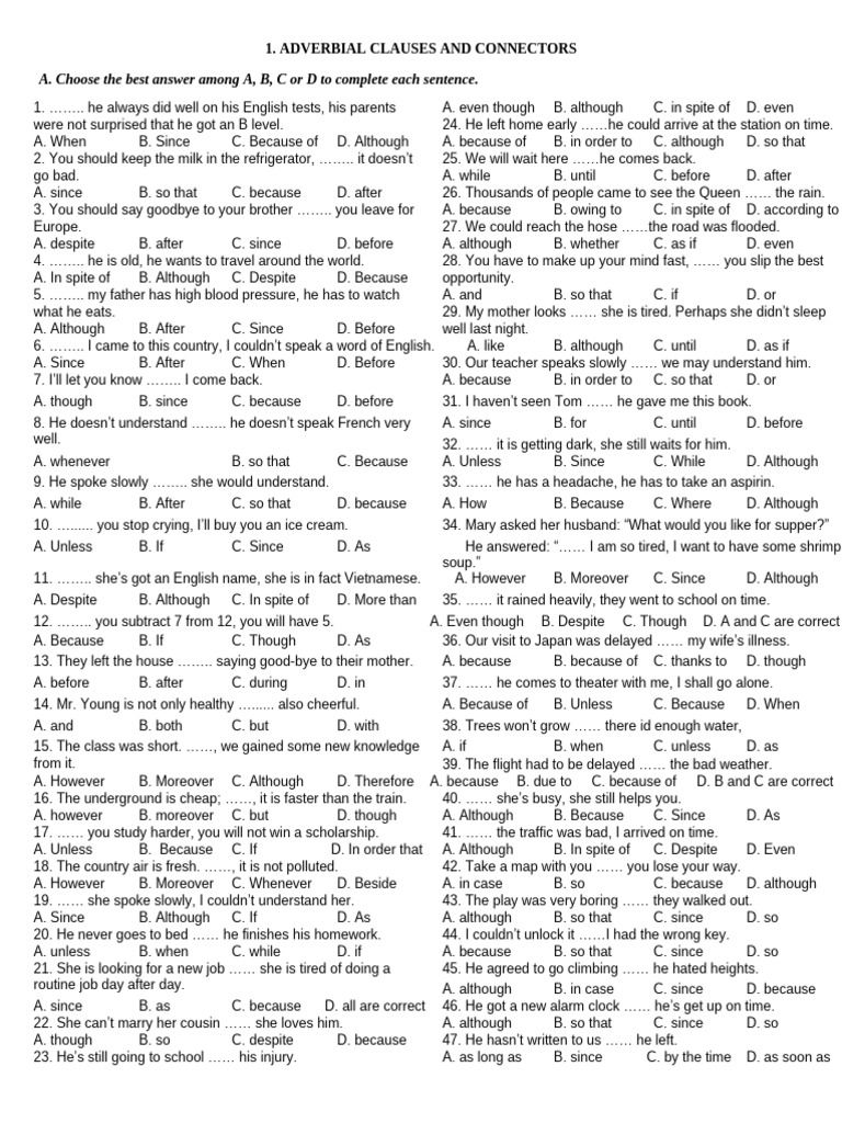 Adverbial Clauses and Connectors Quiz | PDF