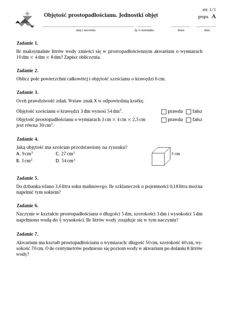 9.5.objetosc Prostopadloscianu. Jednostki Objetosci-Test | PDF