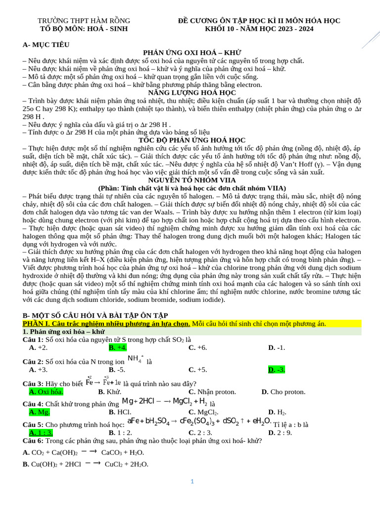 Đáp Án Đề Cương Hk2- Hóa 10 | PDF