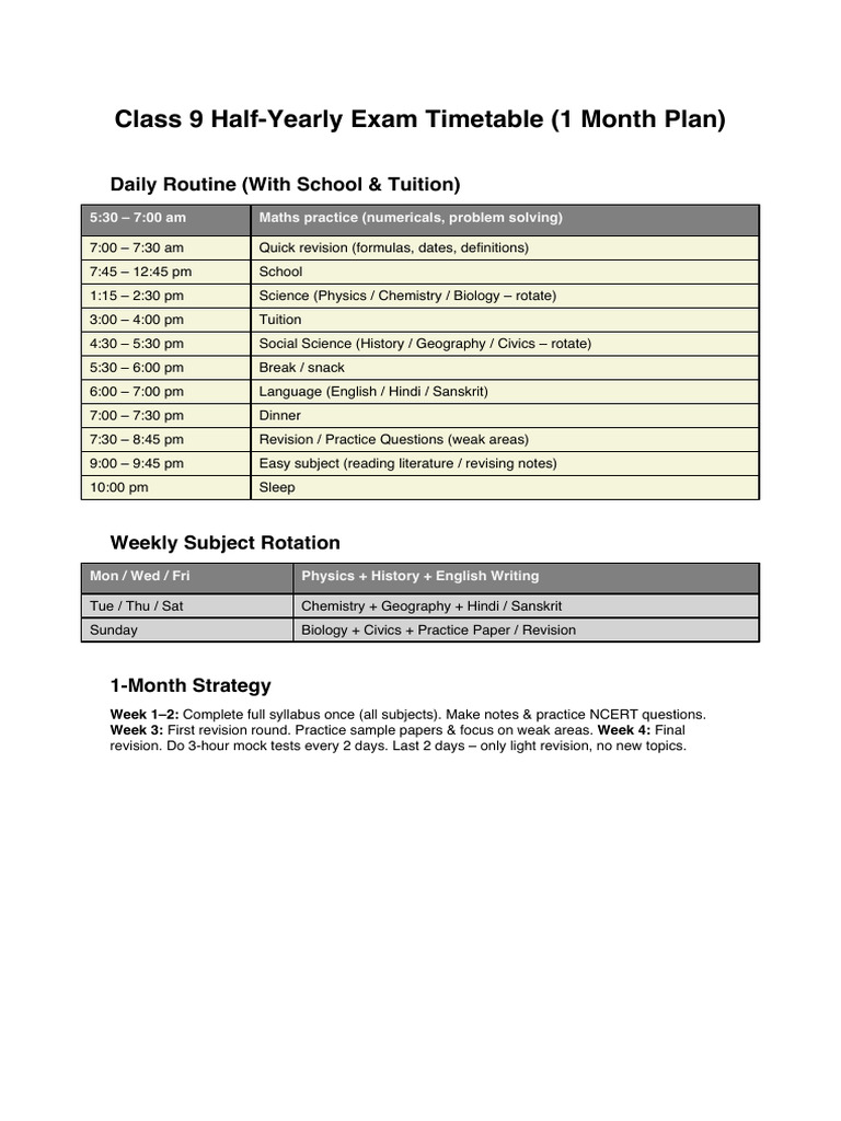 Class 9 Exam Timetable & Study Plan | PDF